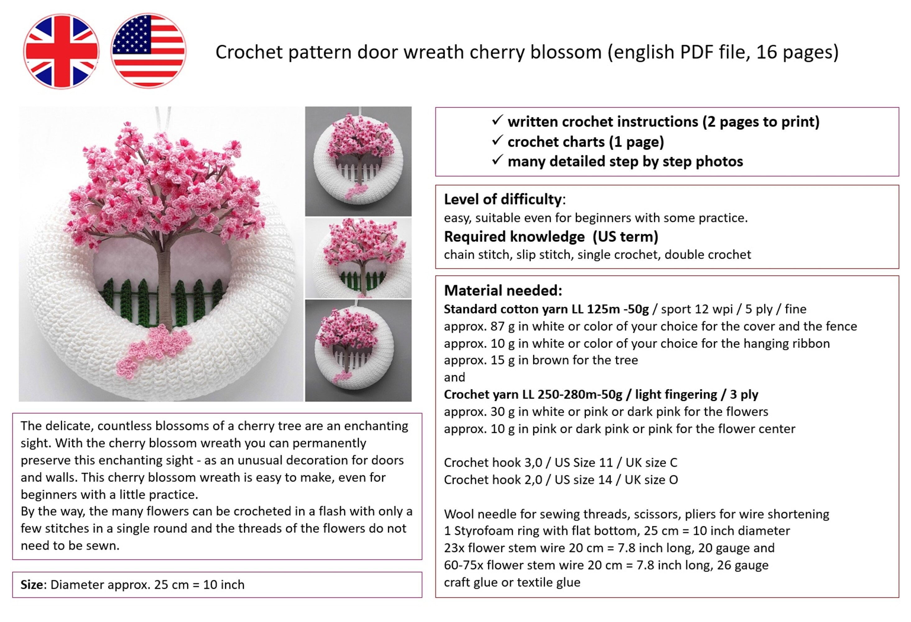 Crochet Pattern Door Wreath Cherry Blossom Tree - Easy From Scraps of ...
