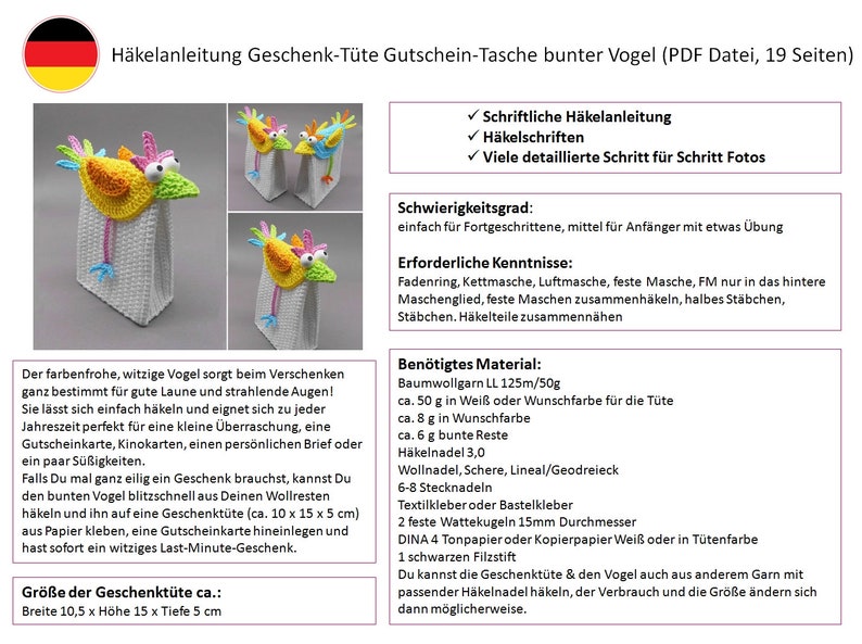 Crochet Pattern Gift Bag With Colorful Funny Bird Easy From Scraps of ...