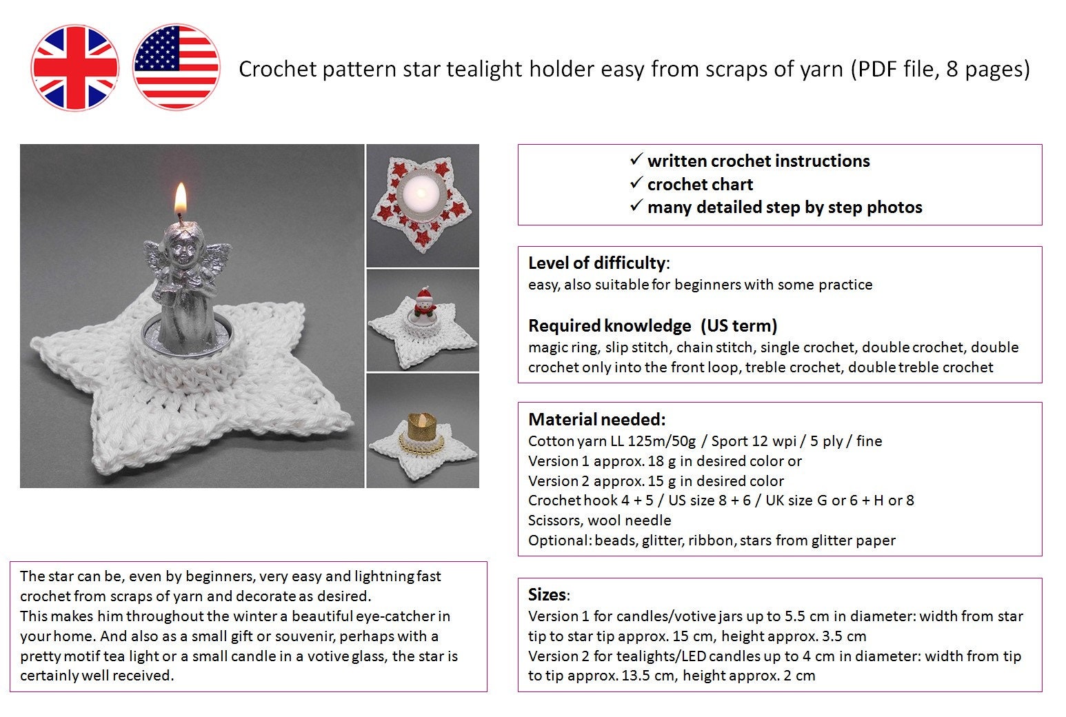 Crochet Pattern Star Tealight Holder Crochet Very Easy From Scraps of ...
