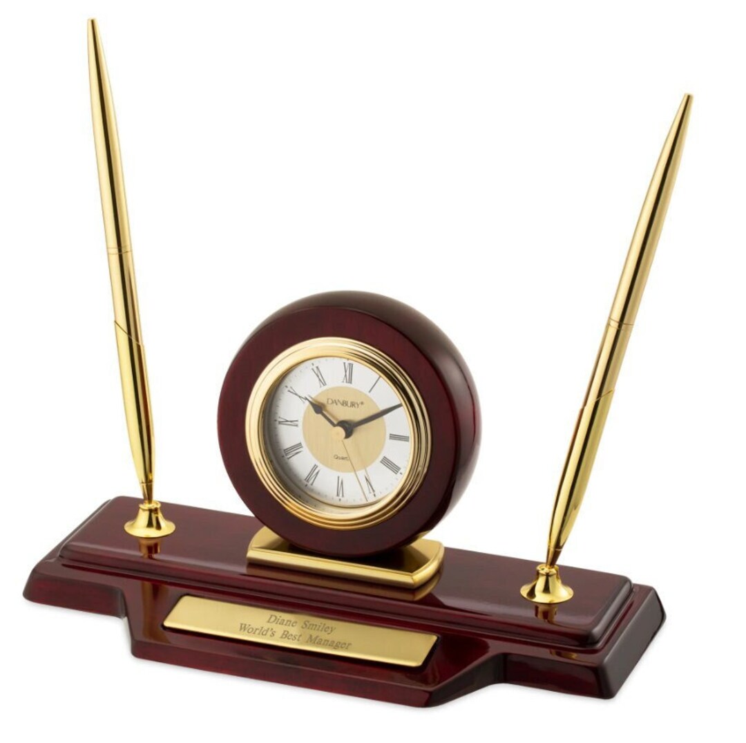 Engraved Mahogany Finish Clock and Pen Stand for the Executive ...