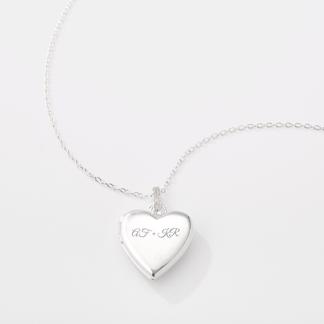 Engraved Sterling Silver Heart Locket With Diamonds Necklace, Silver ...