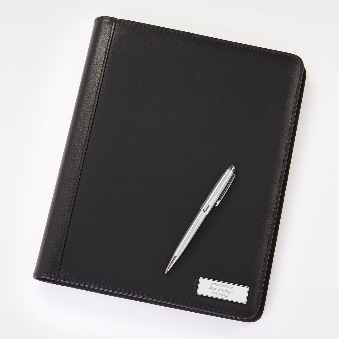 Engraved Black Vegan Leather Padfolio and Pen Set, Personalized ...