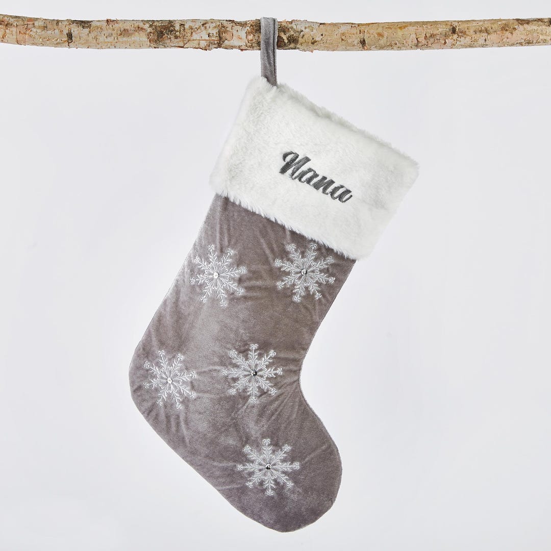 Embroidered Gray & Silver Snowflake Stocking With Fur Cuff, Fancy ...