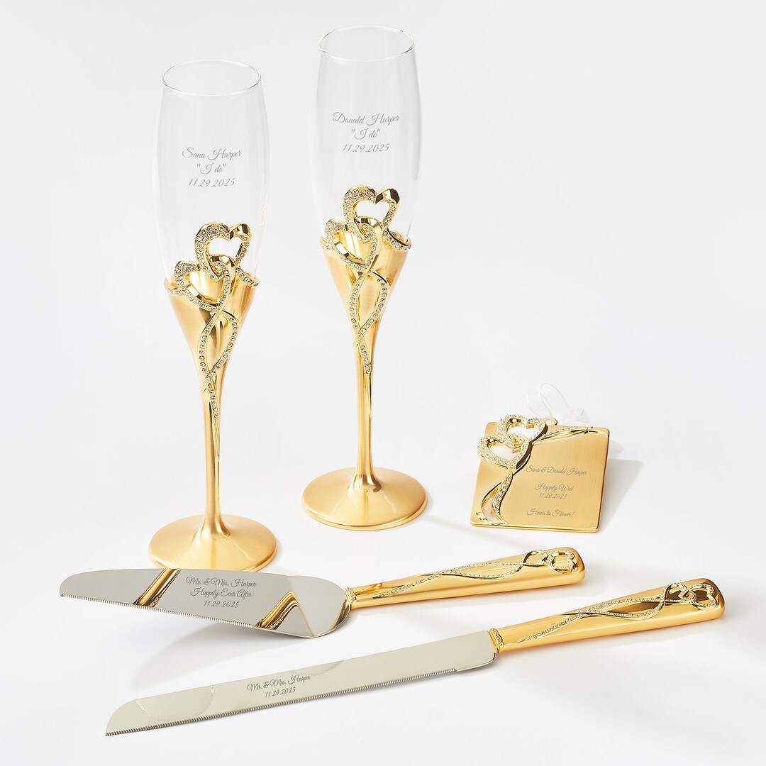 Engraved Gold Intertwined Heart Wedding Gift Set, Personalized Wedding ...