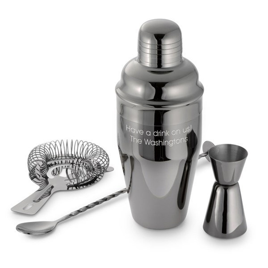 Engraved Entertaining Gunmetal Shaker Set, for Him, for Her, Drink Mix ...