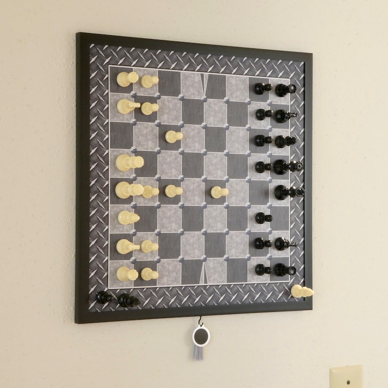 Magnetic Wall Chess Set 17-inch Frame Slate Rock and Galvanized Metal ...