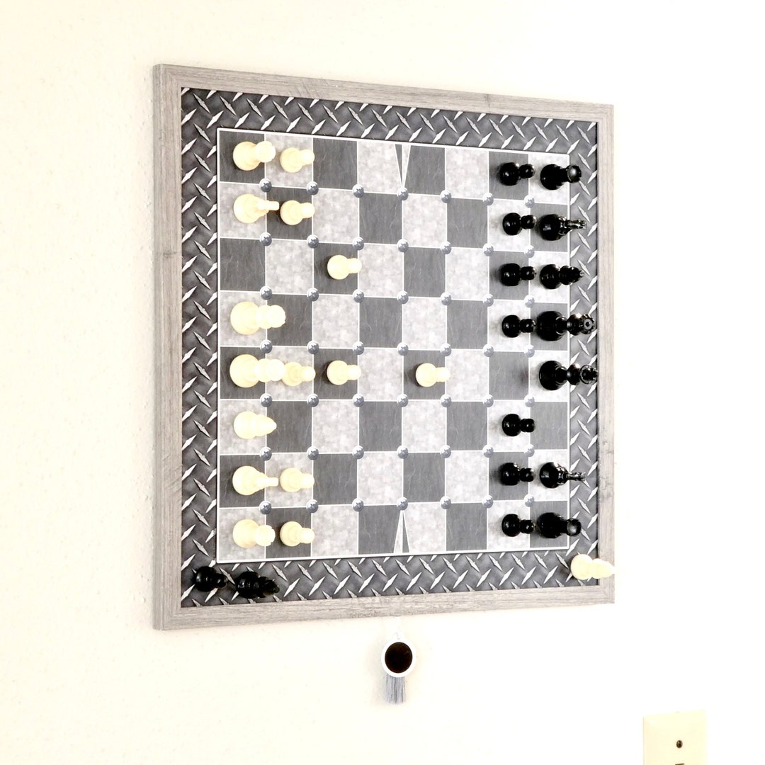Magnetic Wall Chess Set 17-inch Frame Slate Rock and Galvanized Metal ...