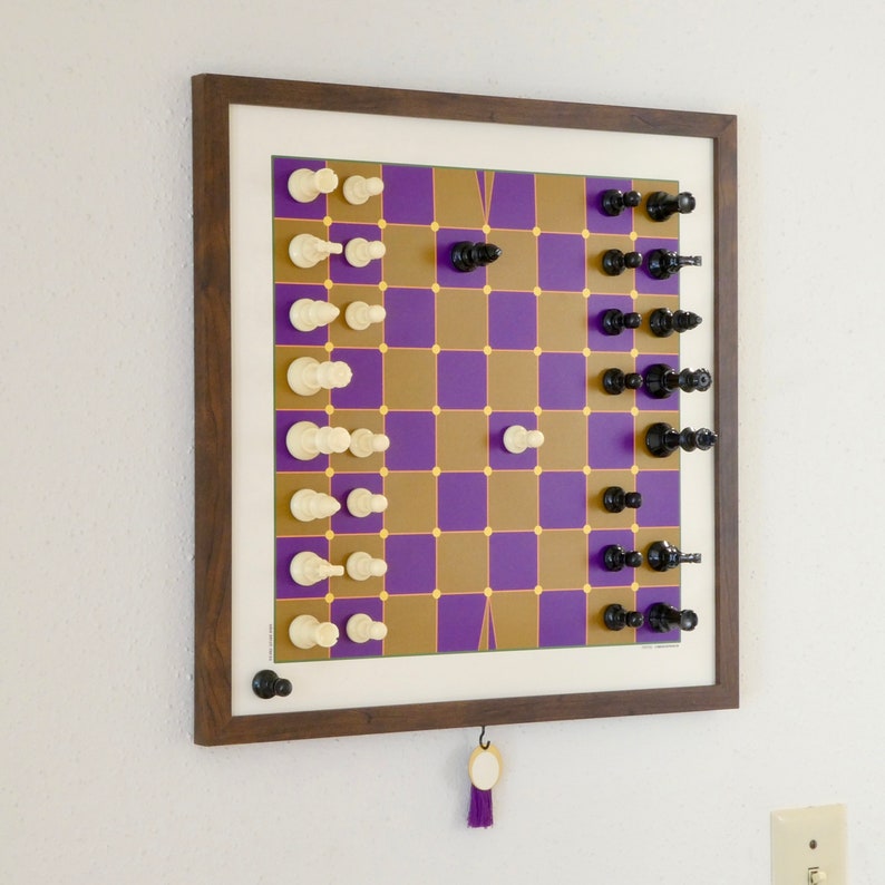 Magnetic Wall Chess Set 17-inch Frame Golden and Purple Themed Chessboard, 32 Black and White ...