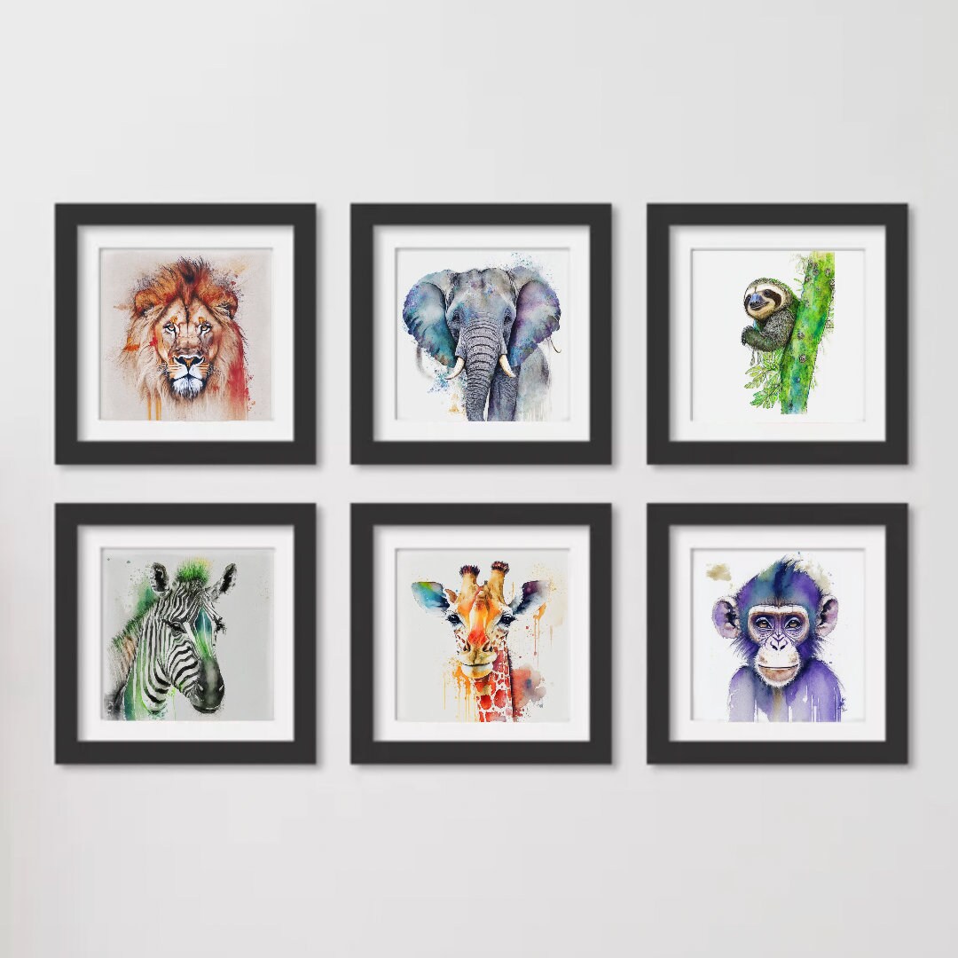 Jungle Safari Animals Watercolor Prints, Wall Art, Set of 6, Jungle ...