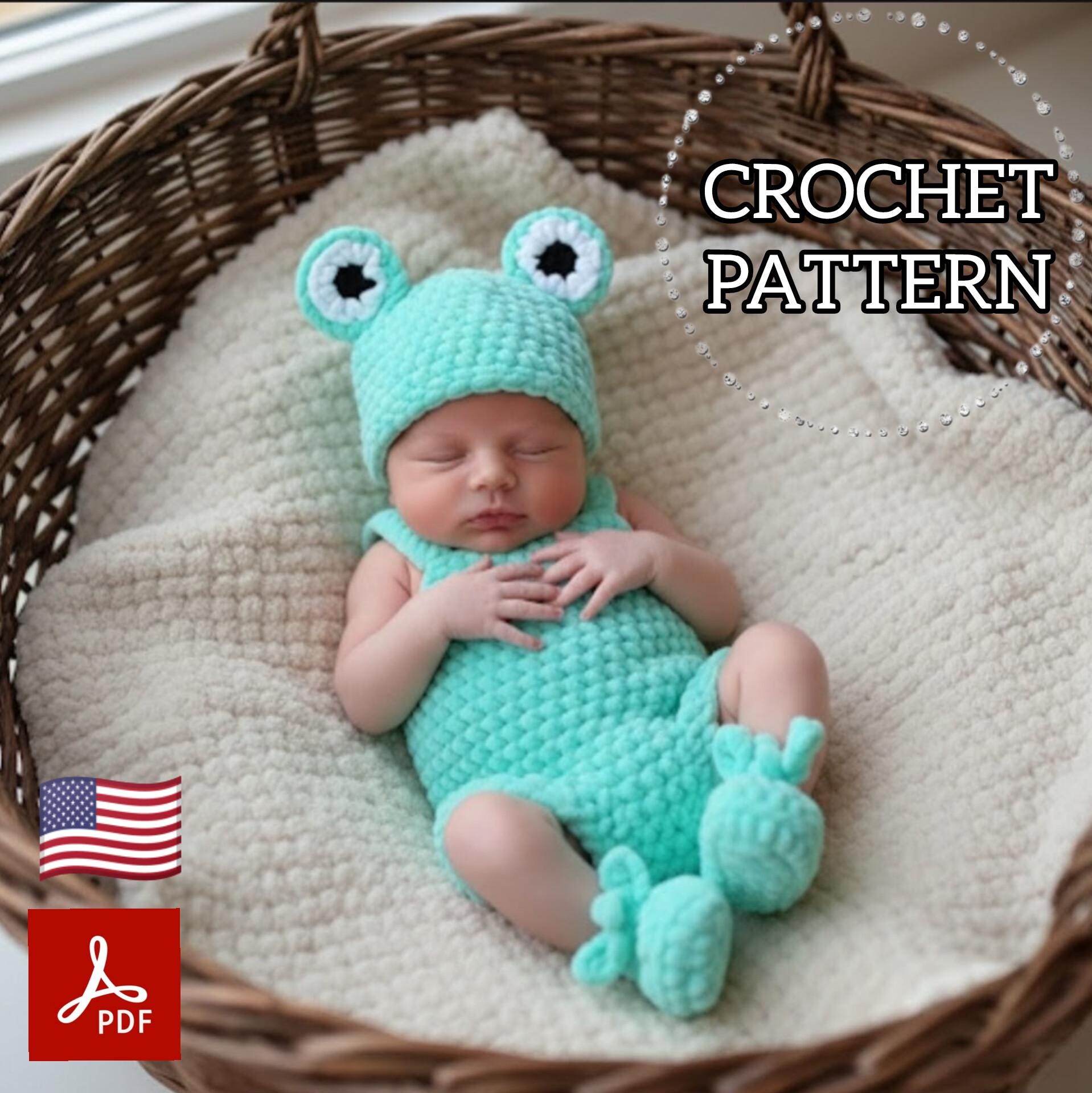 Newborn Frog Crochet Pattern Outfit - Baby Photo Prop Set - Hat, Romper ...