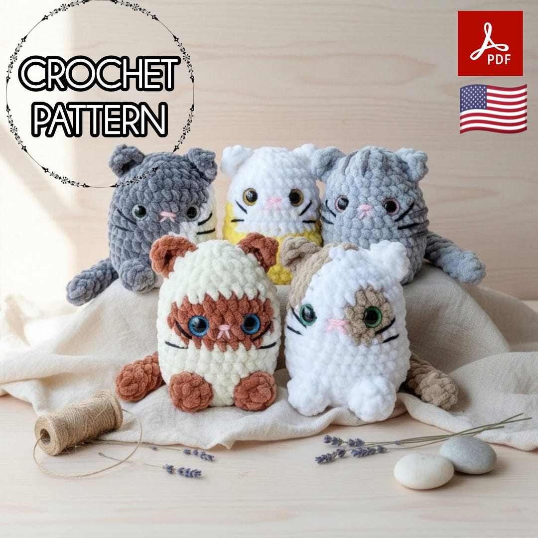 Crochet Cat Pattern Bundle, 5-in-1 Amigurumi Kitties, Easy Chunky Yarn ...