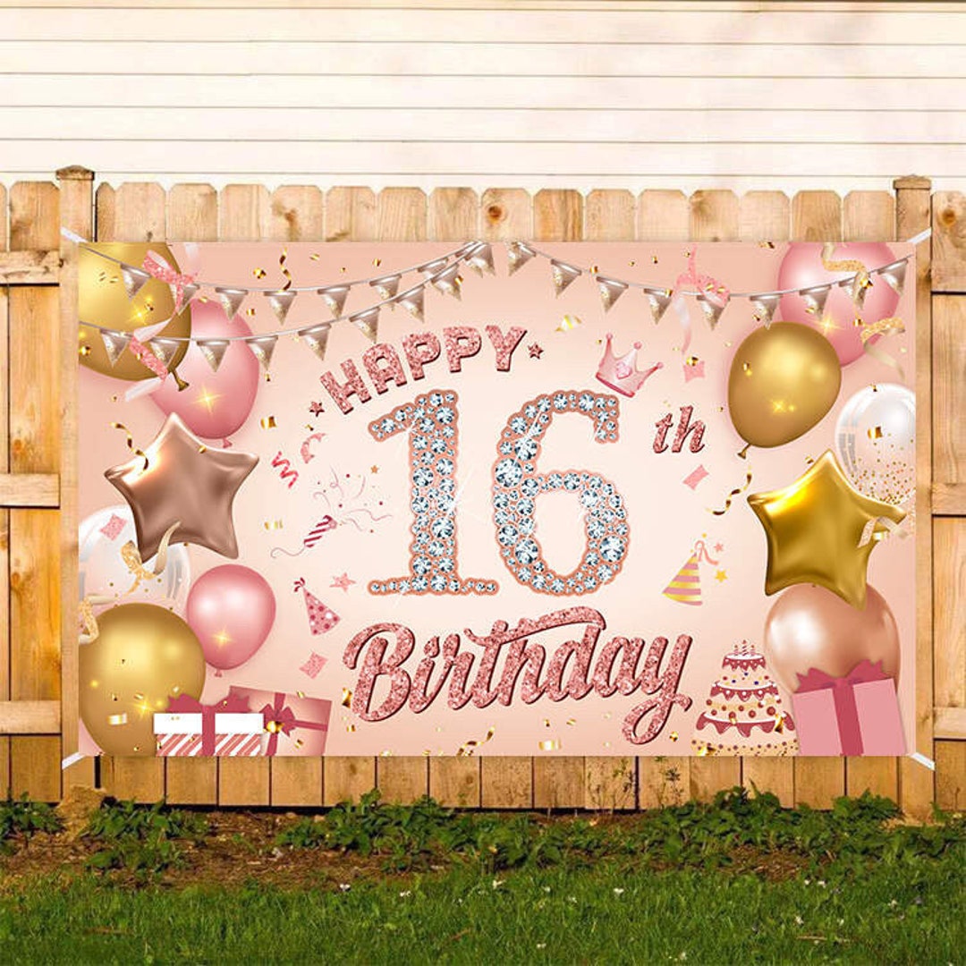 16th Happy Birthday Backdrop, Rose Gold 16th Birthday Banner, 16th ...