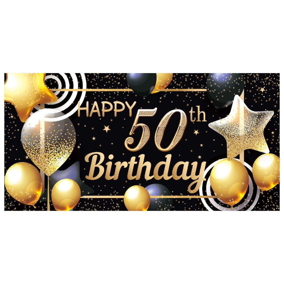 50th Happy Birthday Backdrop, Black Gold 50th Birthday Banner, 50th ...