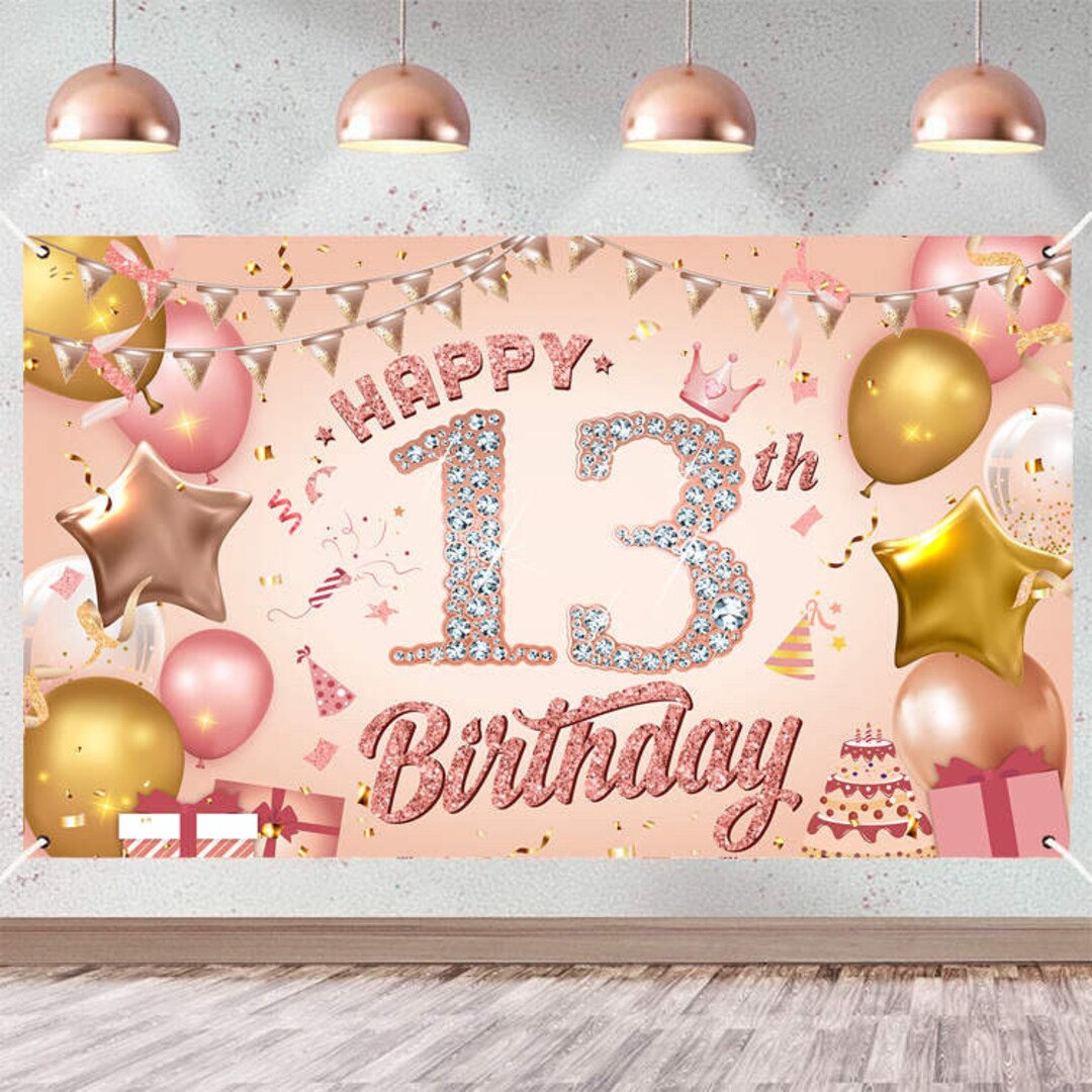 13th Happy Birthday Backdrop, Rose Gold 13th Birthday Banner, 13th ...