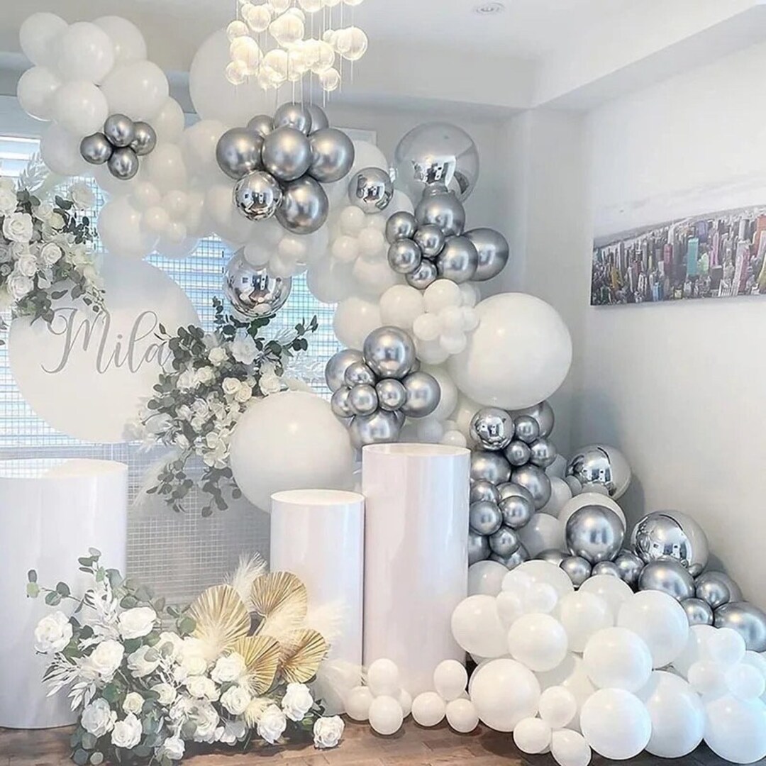 103 Piece Silver and White Balloon Arch Set, White Silver Wedding ...