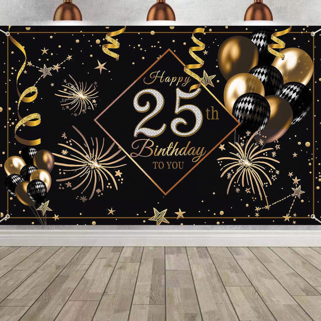 25th Happy Birthday Backdrop, Black 25th Birthday Banner, 25th Birthday ...