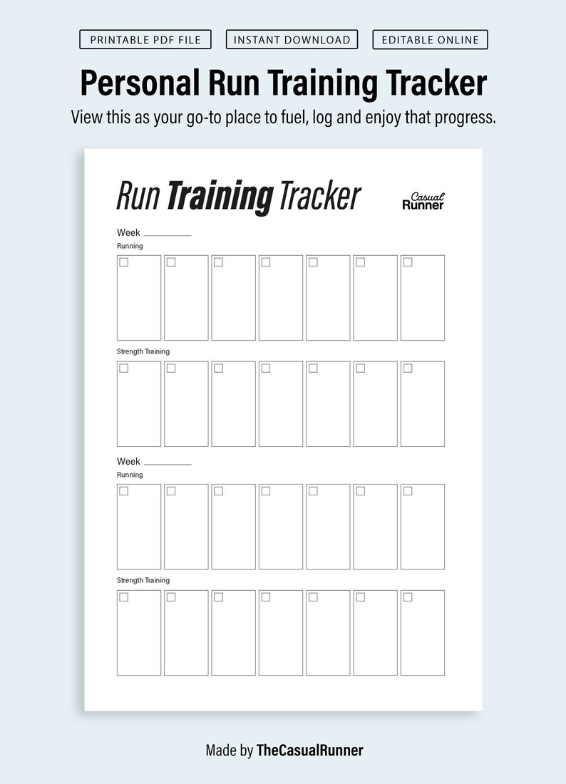 Running Tracker Printable Template, Running Log, Strength Training ...
