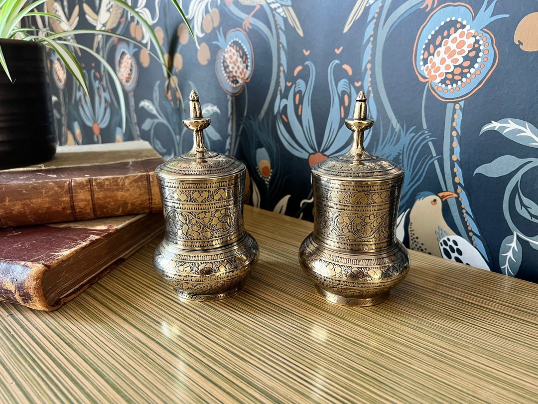 Antique Pair of Hand Engraved Indian Brass Vases / Vessels Benares ...