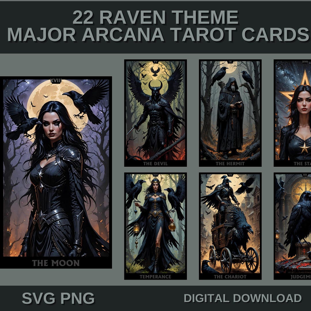 Raven Tarot Cards Set SVG PNG, Printable Tarot Deck, 22 Cards Major ...