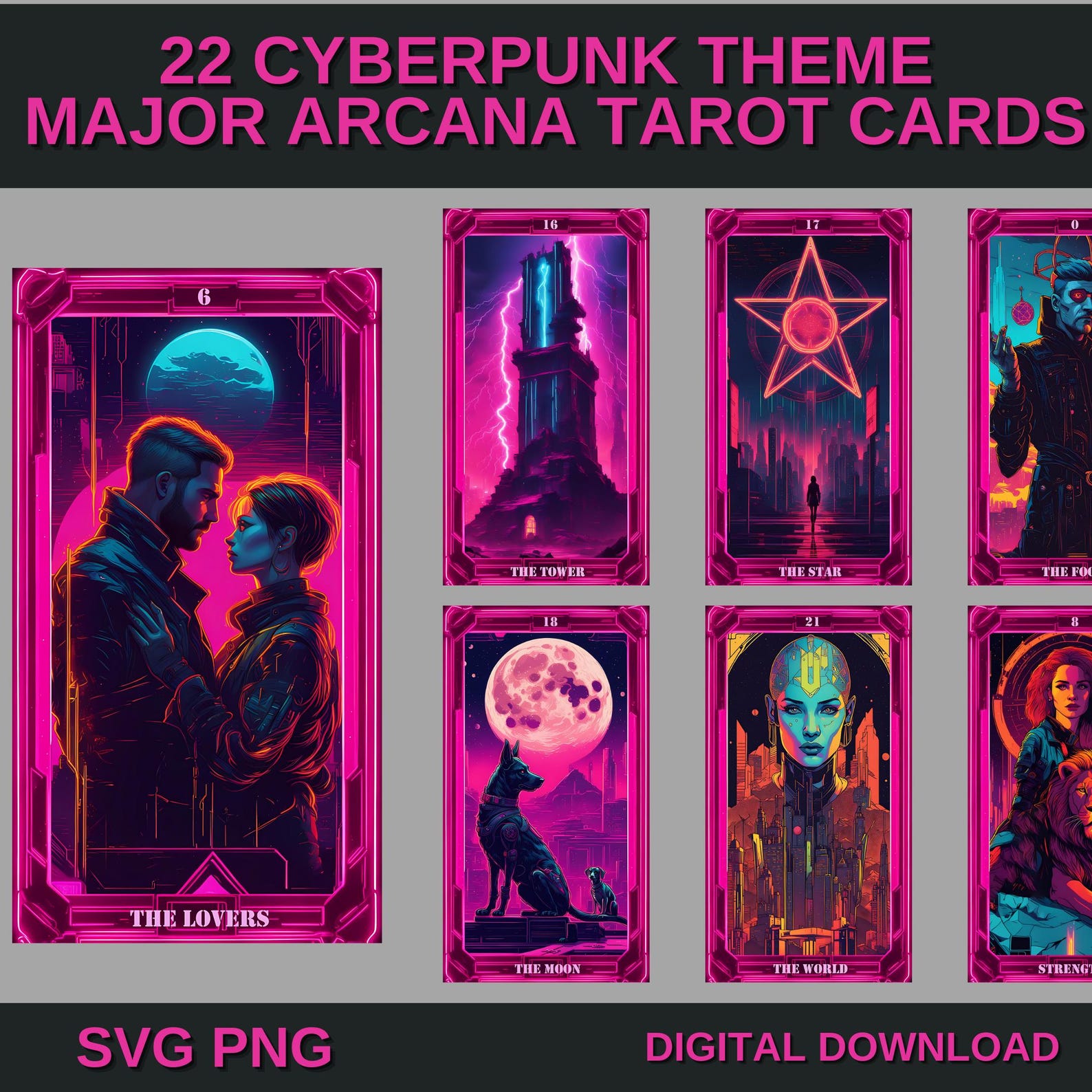 Cyberpunk Tarot Cards Set SVG PNG, Major Arcana, Digital Tarot ...