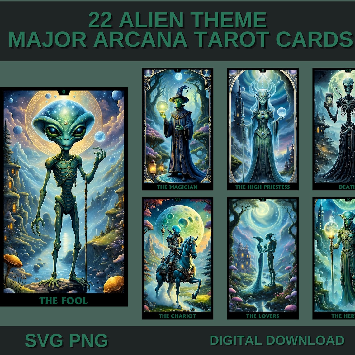 Alien Tarot Cards Set SVG PNG, Major Arcana Svg, Celestial Tarot Svg, Zodiac Astrology, Black ...