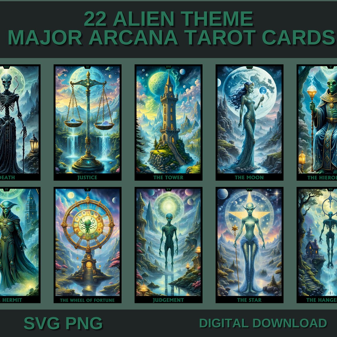 Alien Tarot Cards Set SVG PNG, Major Arcana Svg, Celestial Tarot Svg, Zodiac Astrology, Black ...