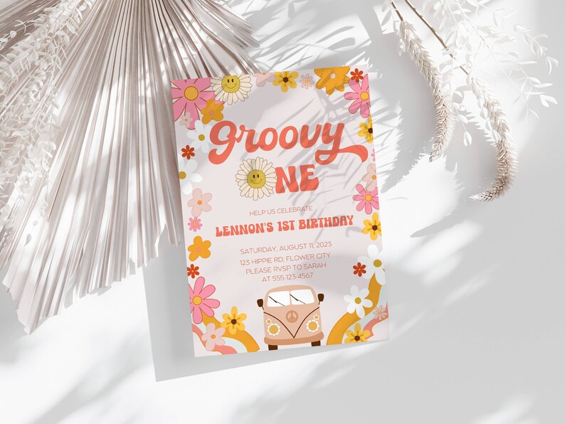 Groovy One Invitation Hippy Party Theme Daisy Invitation Bus Party ...