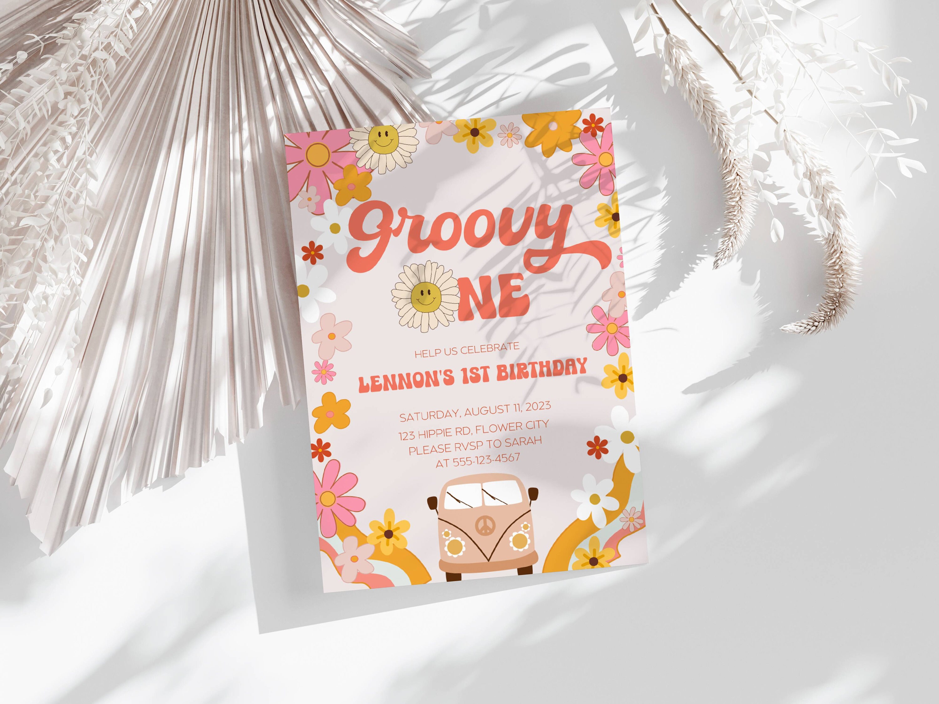 Groovy One Invitation Hippy Party Theme Daisy Invitation Bus Party ...