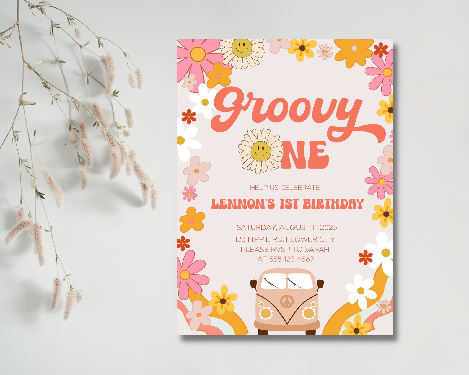 Groovy One Invitation Hippy Party Theme Daisy Invitation Bus Party ...