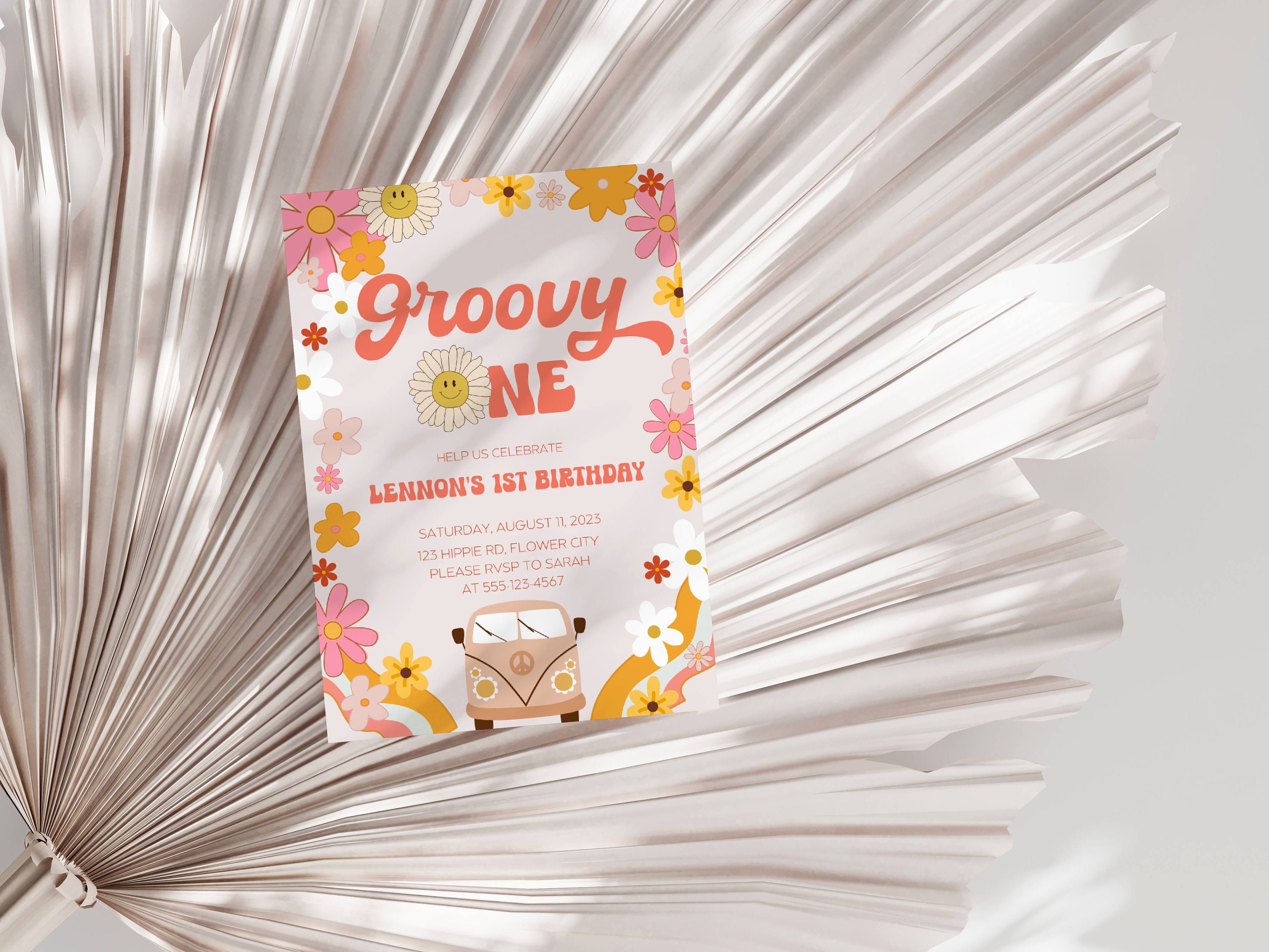 Groovy One Invitation Hippy Party Theme Daisy Invitation Bus Party ...