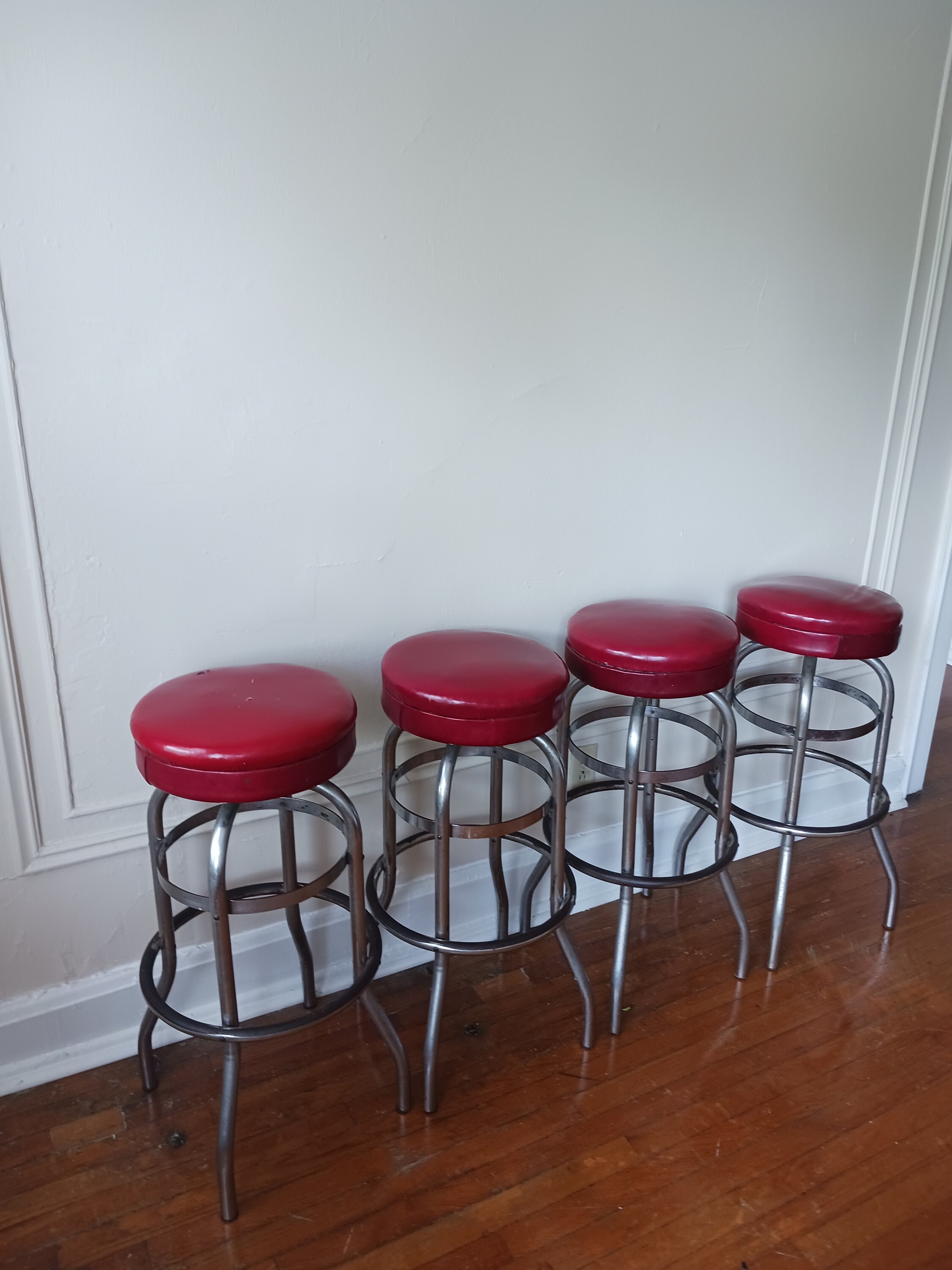 Set of 4 Retro Chrome Bar or Soda Fountain Counter Stools W Red Padded ...