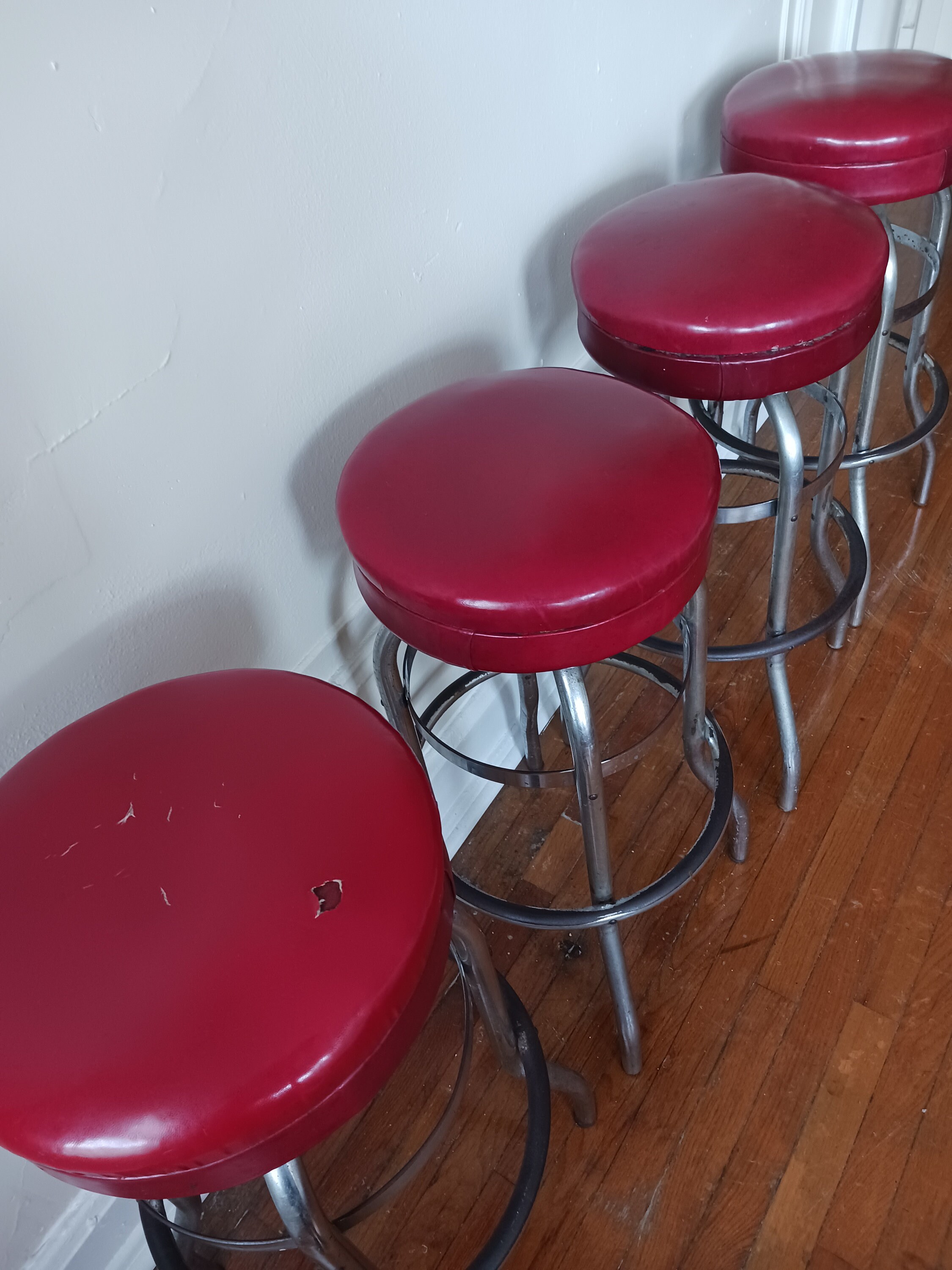 Set of 4 Retro Chrome Bar or Soda Fountain Counter Stools W Red Padded ...