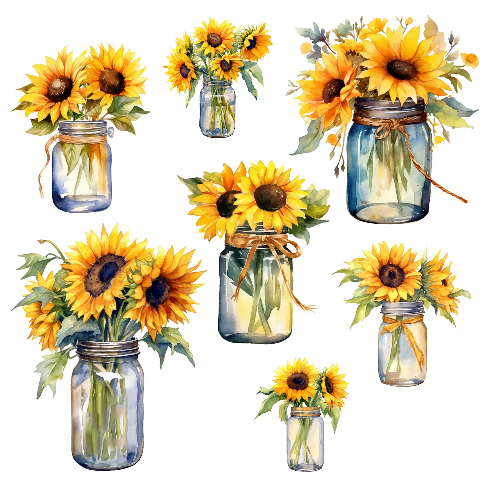 Sunflowers Set of 7, Sunflower Mason Jar Clipart Bundle, Transparent ...