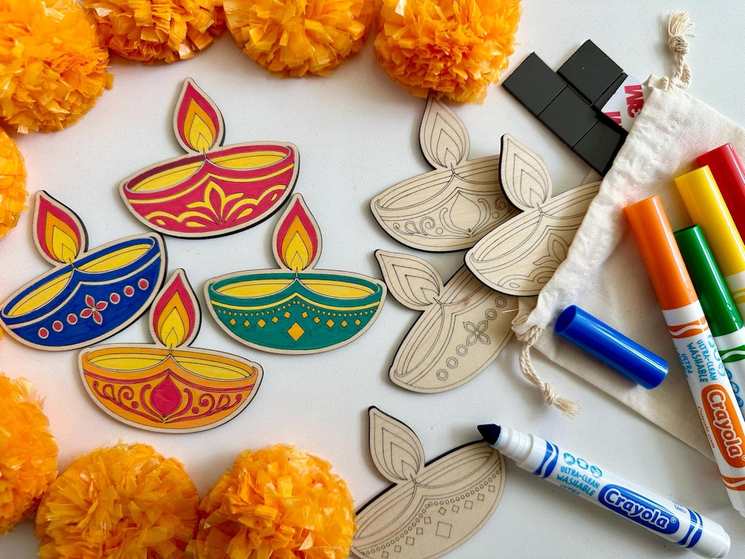 Diwali Coloring Kit for Kids | Wooden Diya Craft & Party Favor | Unique ...