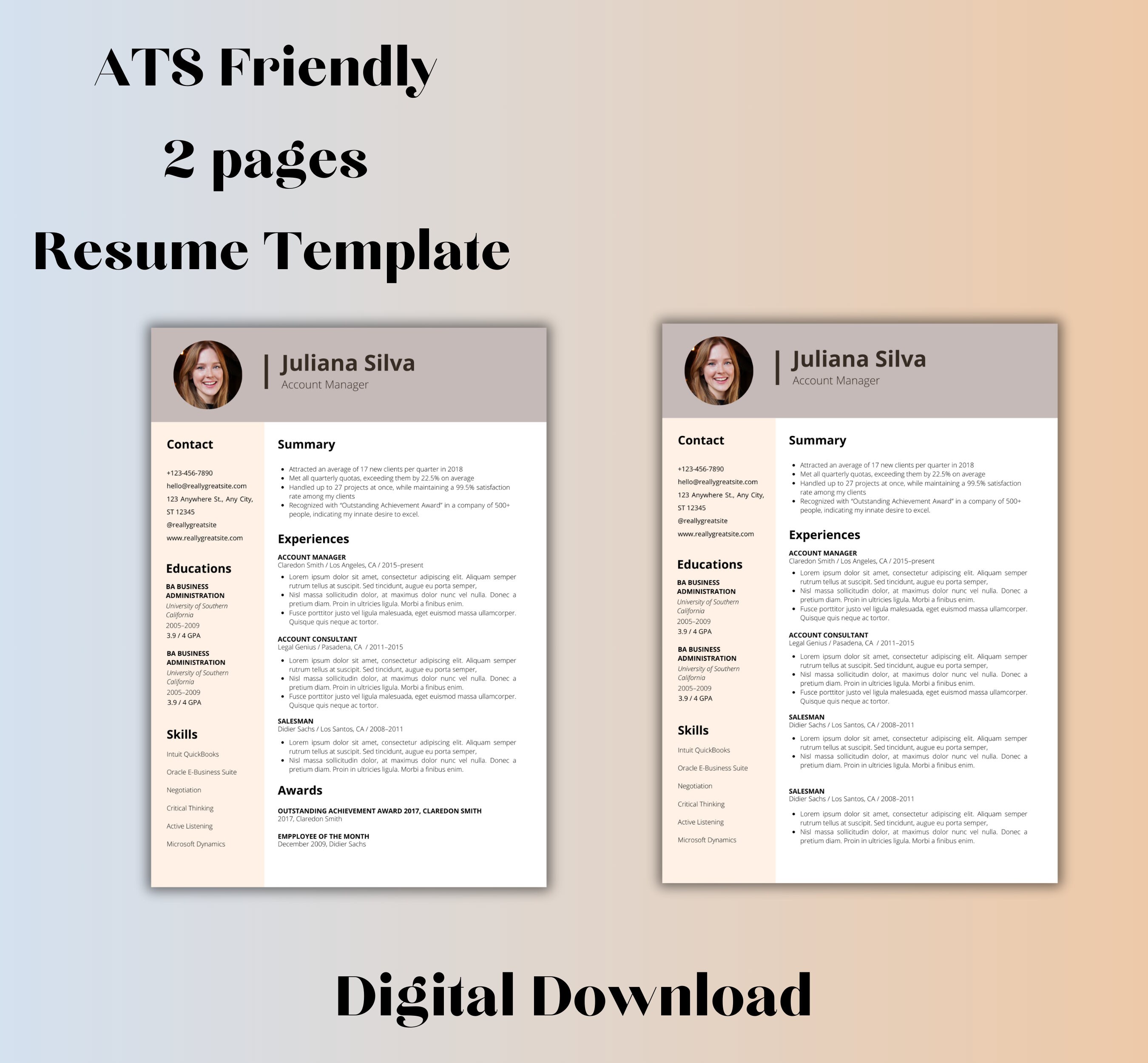 Resume Template ATS Friendly Cover Letter Template Templates - Etsy