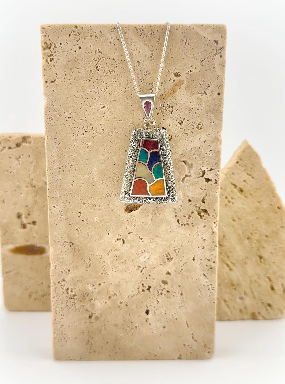 950 Silver Pyramid Pendant | Peruvian Inlay Necklace With Geometric ...