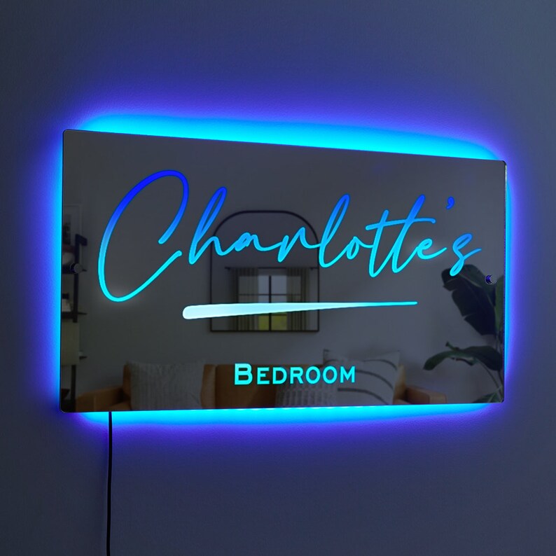 Custom LED Mirror Name Sign - Personalised Light-up Bedroom Wall Decor ...