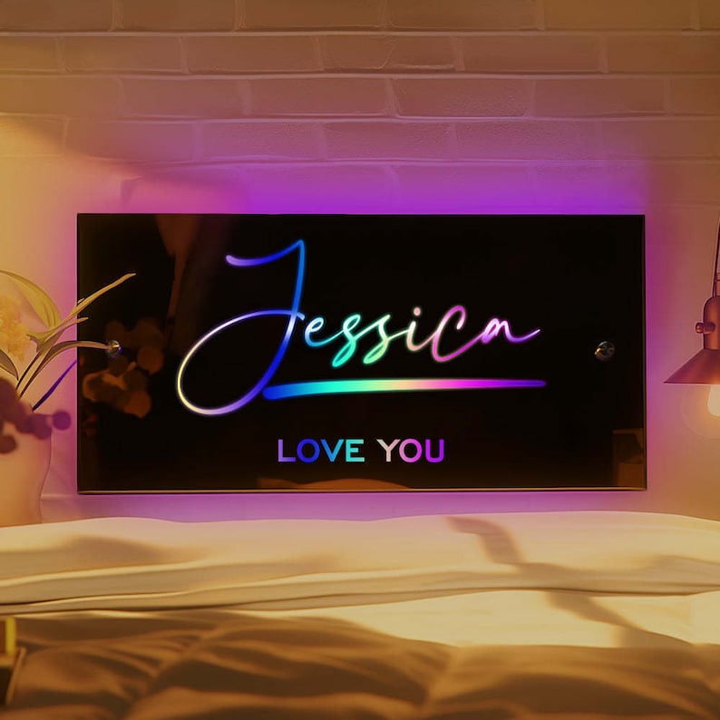 Custom LED Mirror Name Sign - Personalised Light-up Bedroom Wall Decor ...