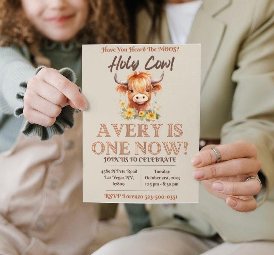 Holy Cow Im One Highland Cow Western Invitation Hairy Cow Farm Birthday ...