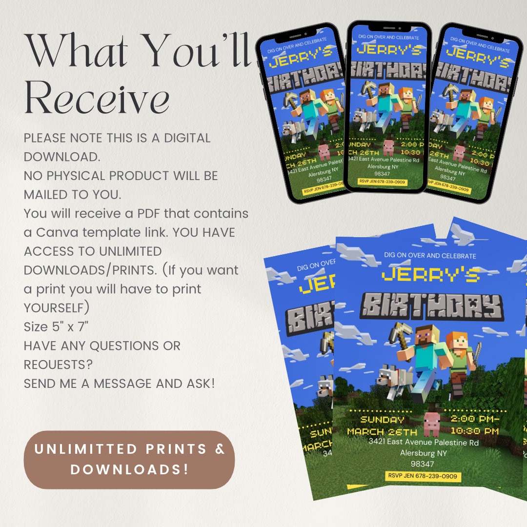Minecraft Invitation Minecraft Birthday Minecraft Party 7th 8th 9th ...