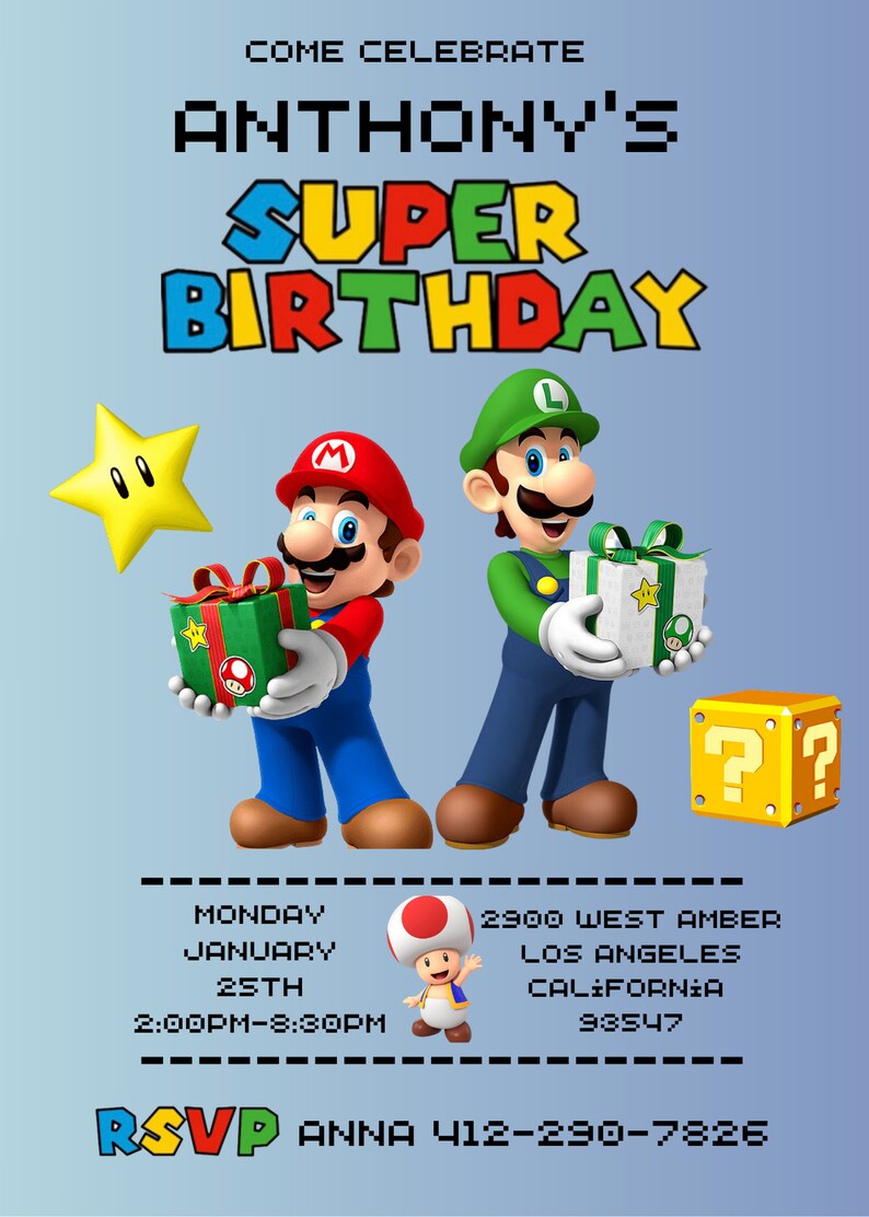 Super Mario Invitation Super Mario Birthday Mario Invitation Party ...