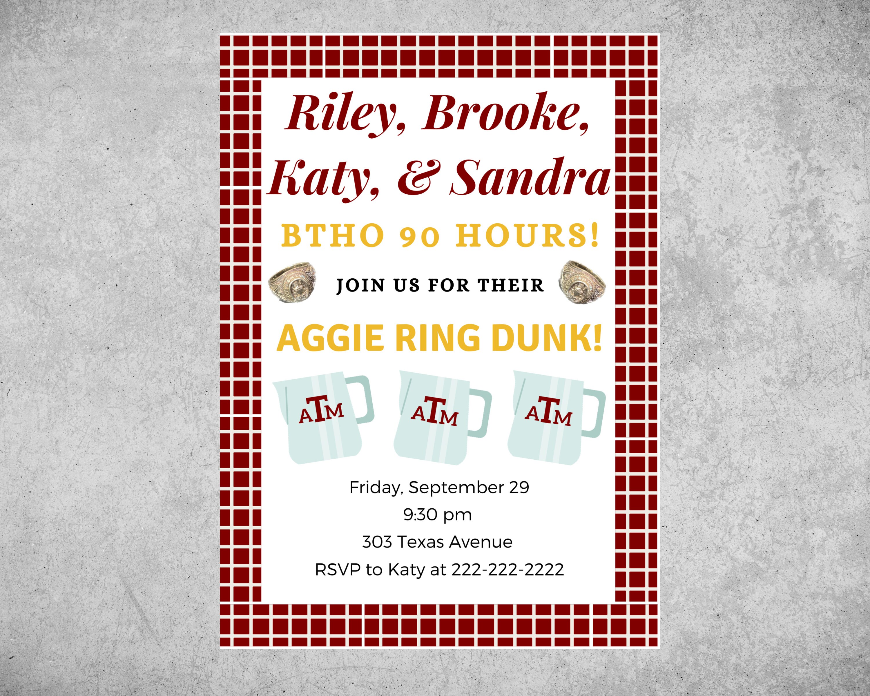 Texas A&M Aggie Ring Day Dunk Invitation Digital Template Maroon White ...