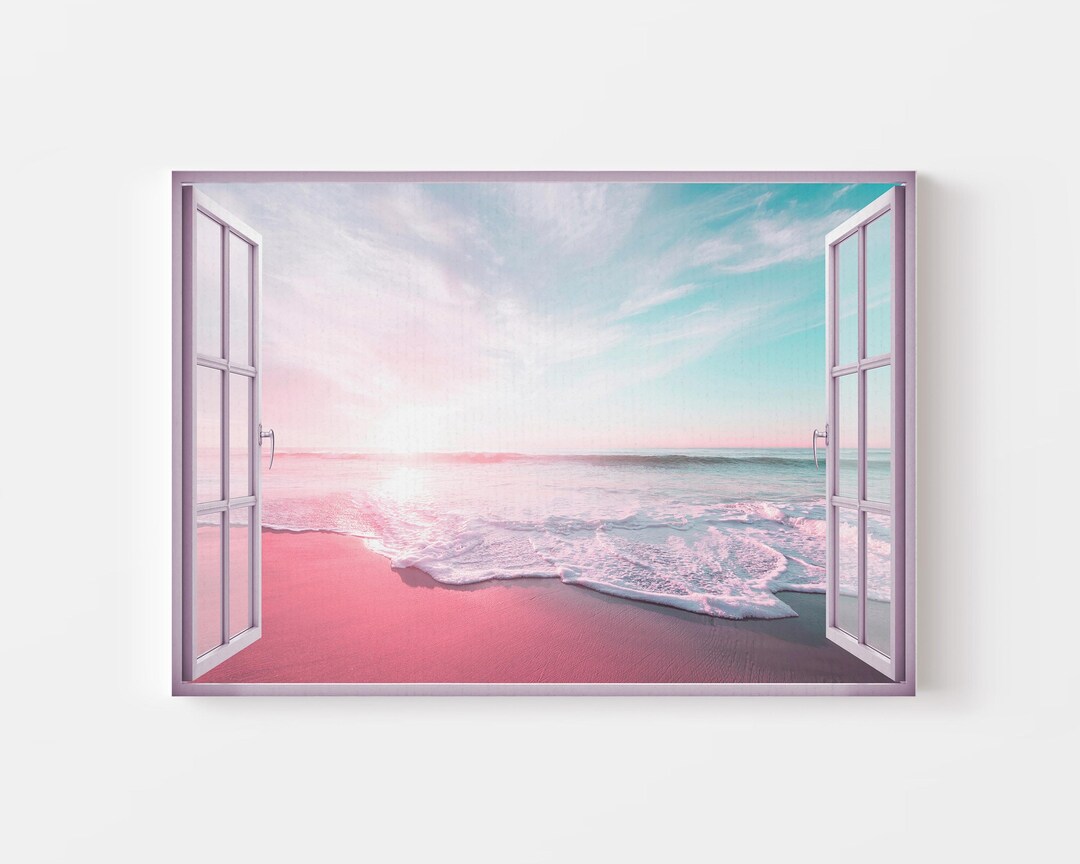 Beach Window View Print | Ocean Sunset Wall Art | Pastel Seascape Decor ...