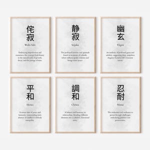 Set of 6 Japanese Words Wall Art | Wabi-sabi Seijaku Yugen Chowa Nintai ...