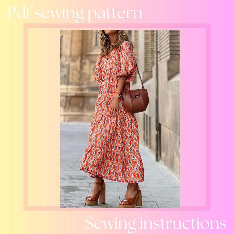 Women's Long Boho Dress Sewing Pattern | XS - 5XL | Puff Sleeve Pattern ...