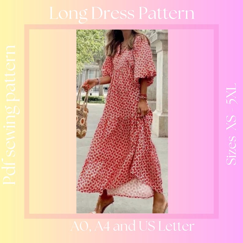 Women's Long Boho Dress Sewing Pattern | XS - 5XL | Puff Sleeve Pattern ...