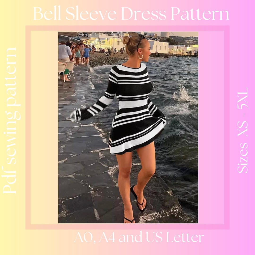 Women's Bell Sleeve Dress Sewing Pattern | XS - 5XL | Instant Download ...