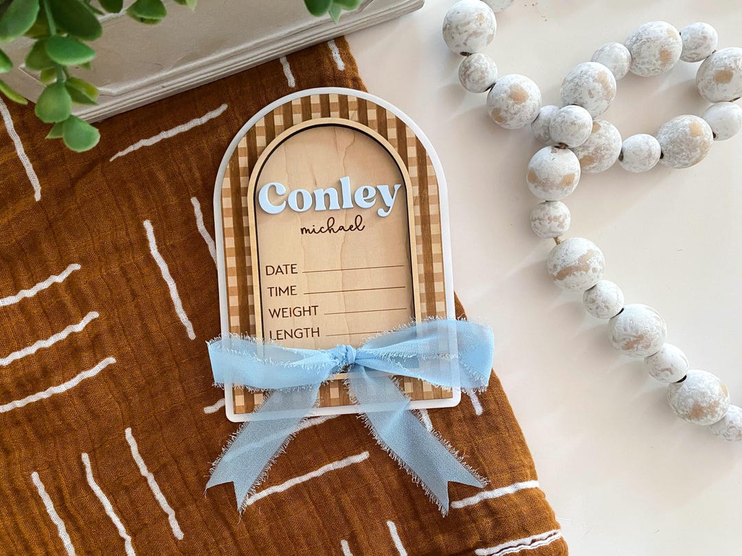 Gingham Baby Announcement | Wooden Name Announcement Sign | Baby Photo ...