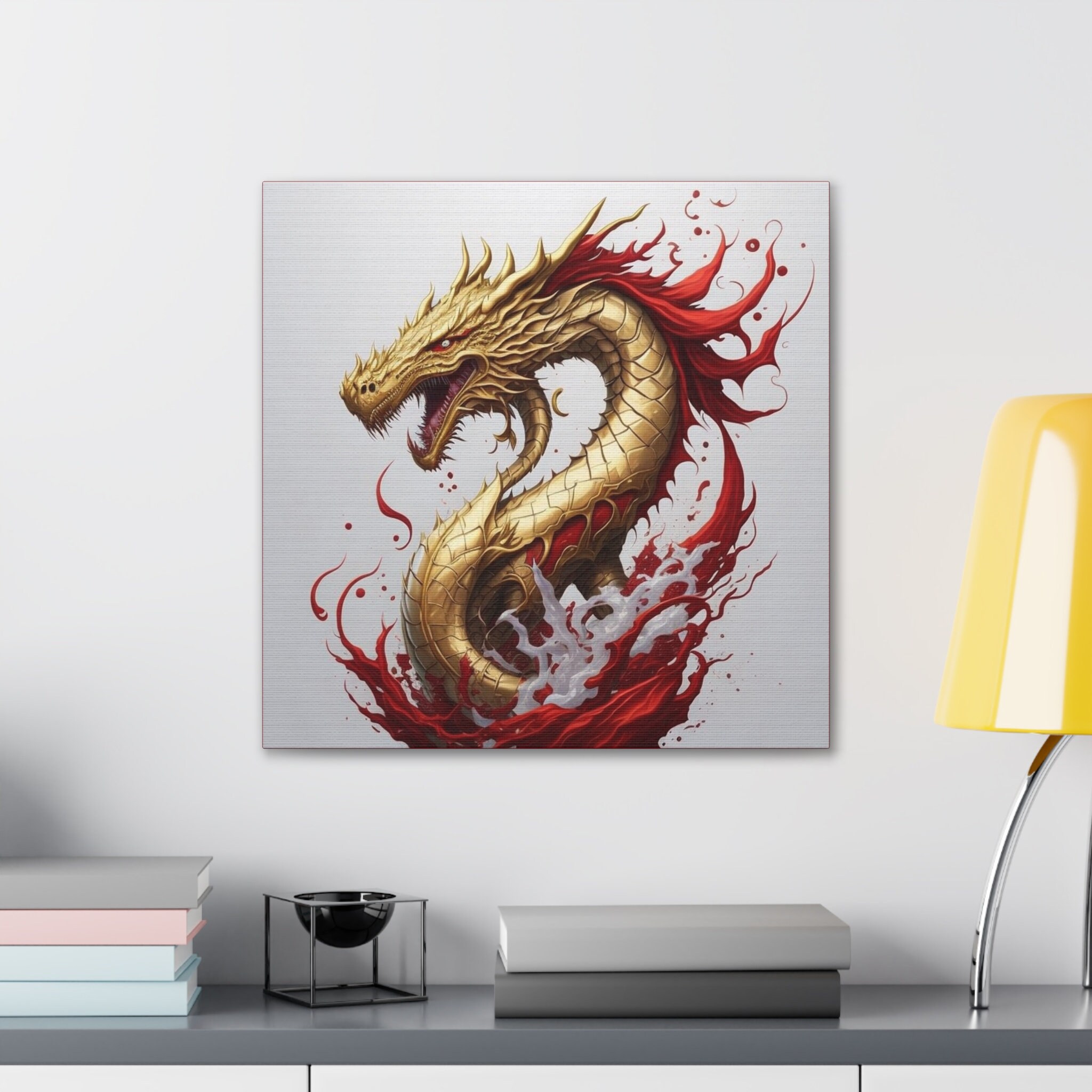 Splash Art Dragon Canvas Wrap, Dragon Wall Decor, Red Dragon Art, Gold ...