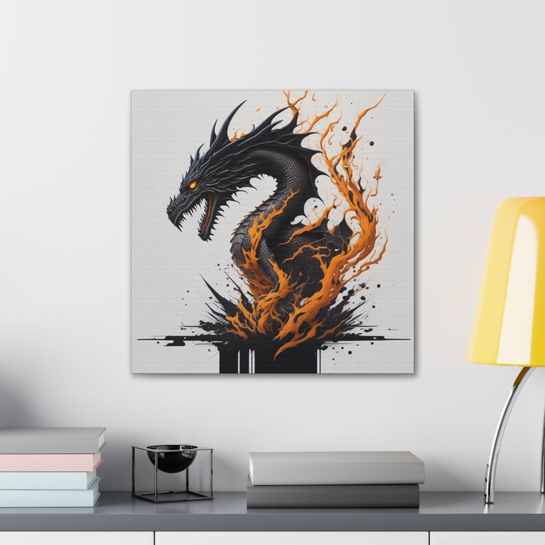 Splash Art Dragon Canvas Wrap, Dragon Wall Decor, Black Dragon Wall Art ...